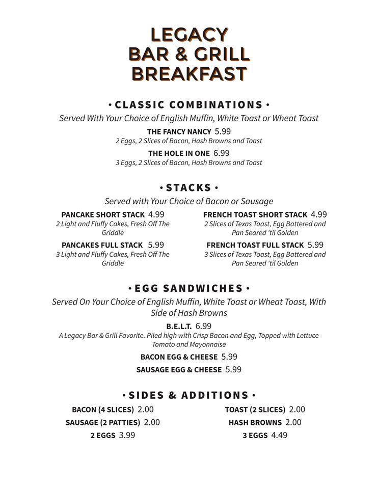 Menu at Legacy Bar & Grill, The Villages, 17155 Buena Vista Blvd