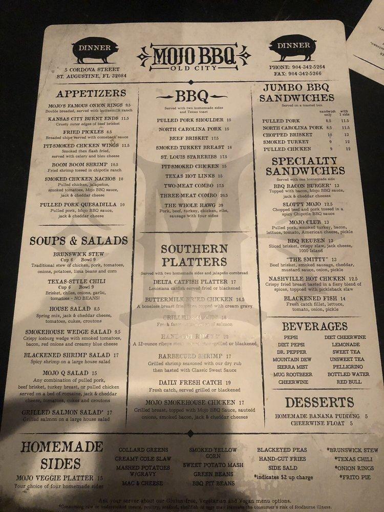 Menu at Mojo Old City BBQ, St. Augustine