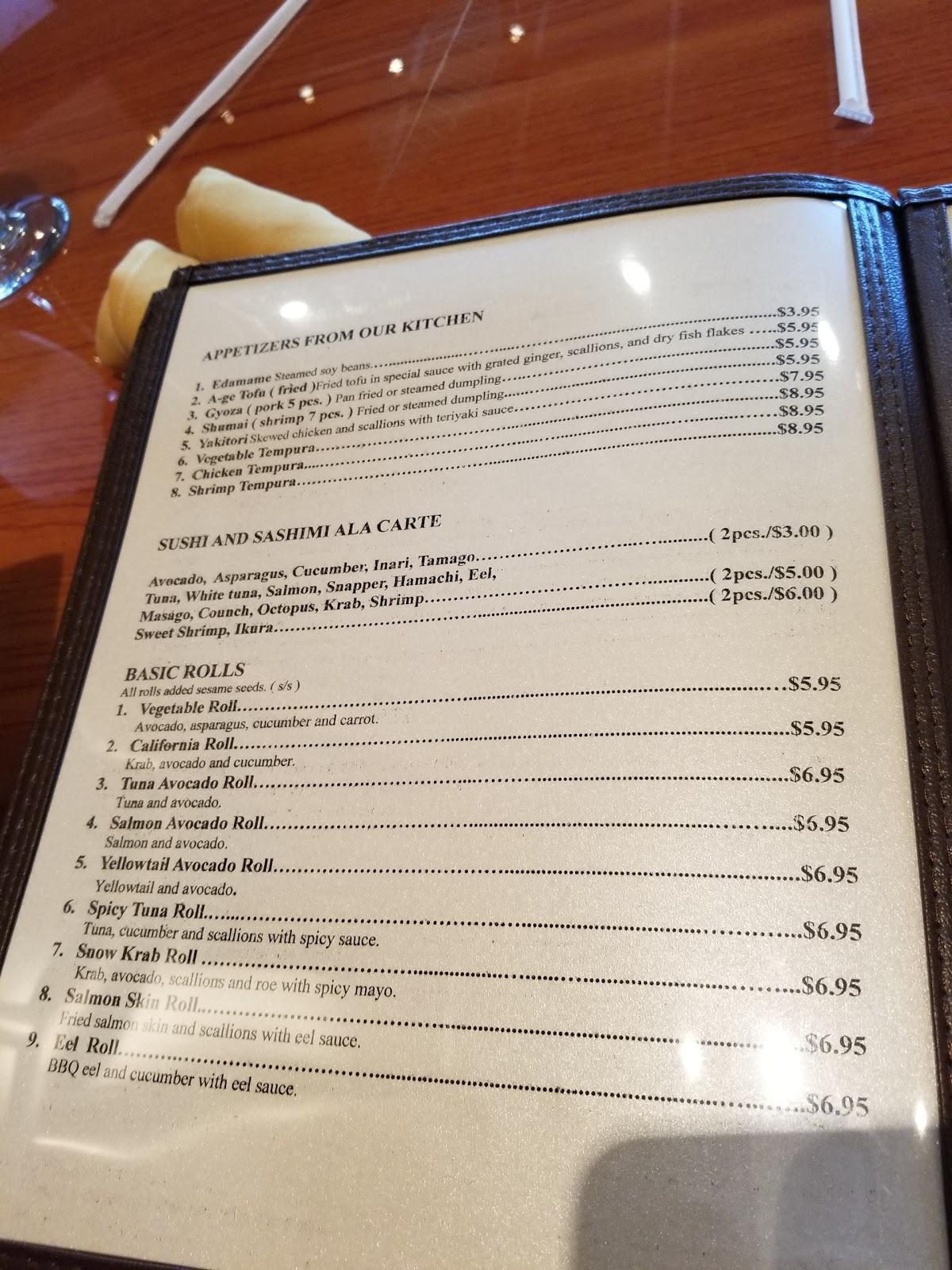 Menu at Thai Ocha restaurant, Metairie