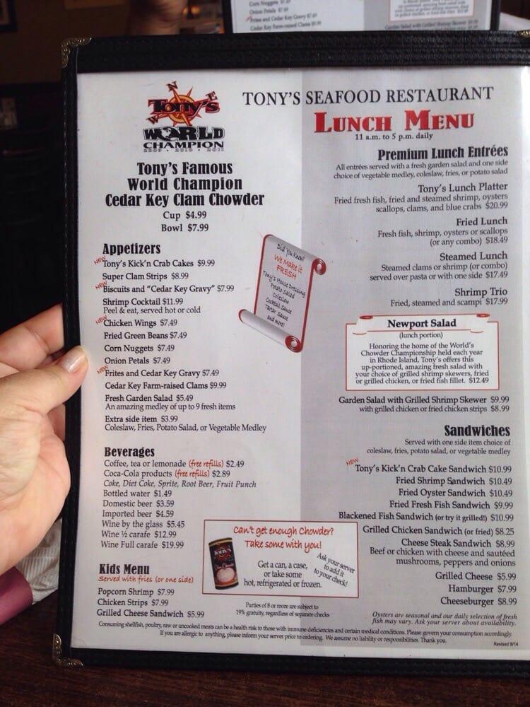 Menu at Tony's Restaurant, Cedar Key, 597 2nd St