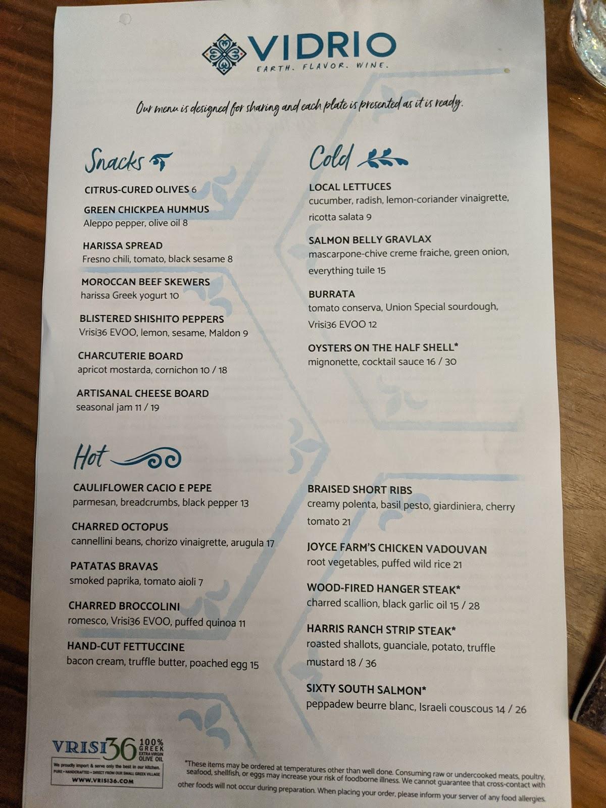 Carta del pub y bar Vidrio, Raleigh