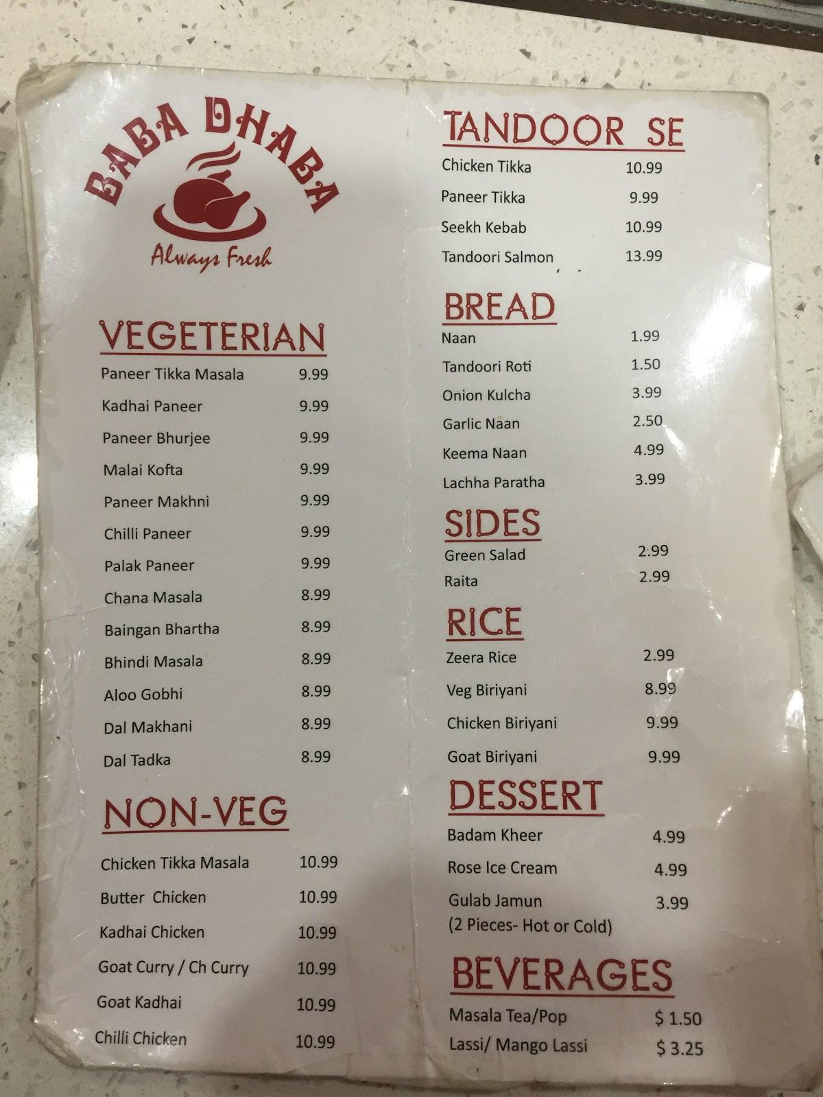 Menu at Baba Dhaba restaurant, Brampton, 255 Rutherford Rd S