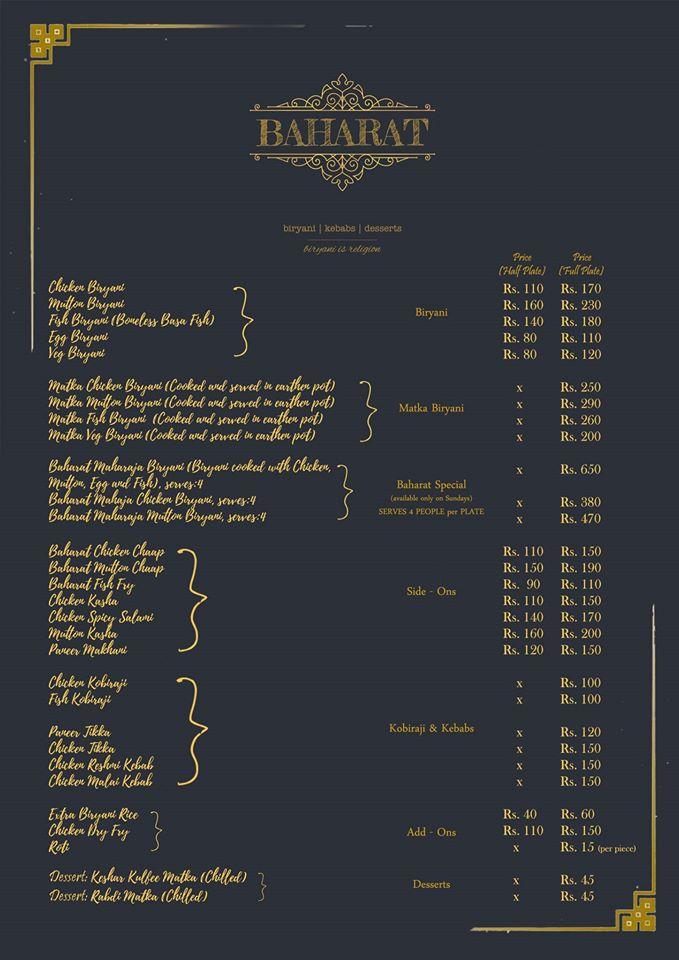 Menu at Baharat, Dhemaji