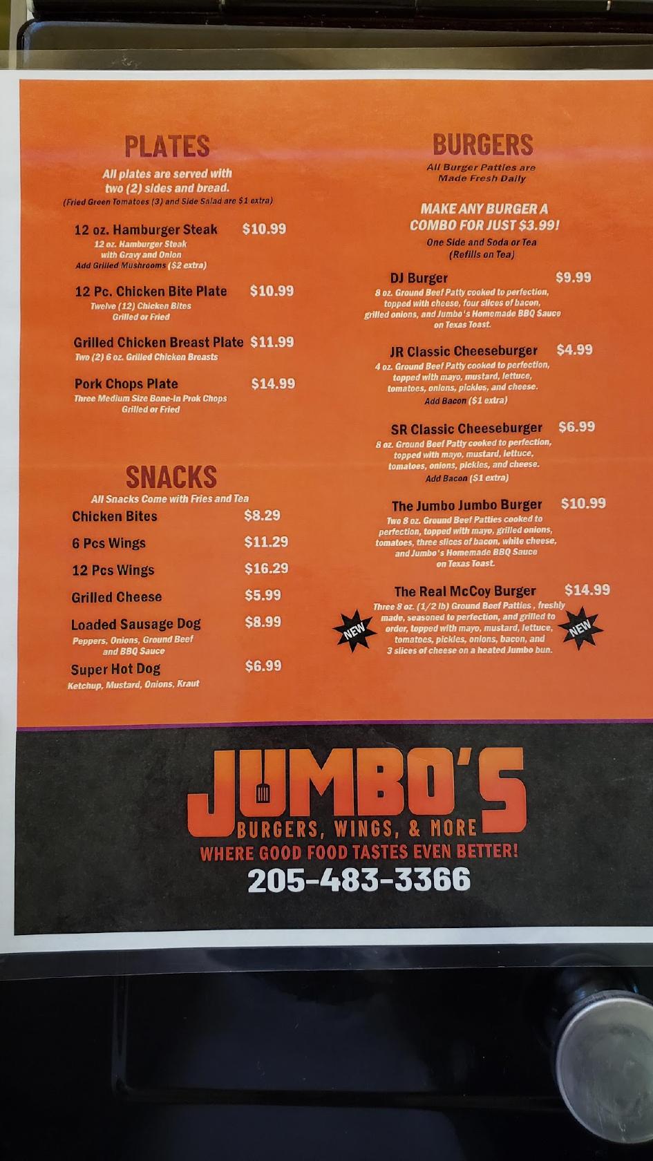 Menu at Jumbo's Burgers, Wings & More restaurant, Pell City, 385 Old ...
