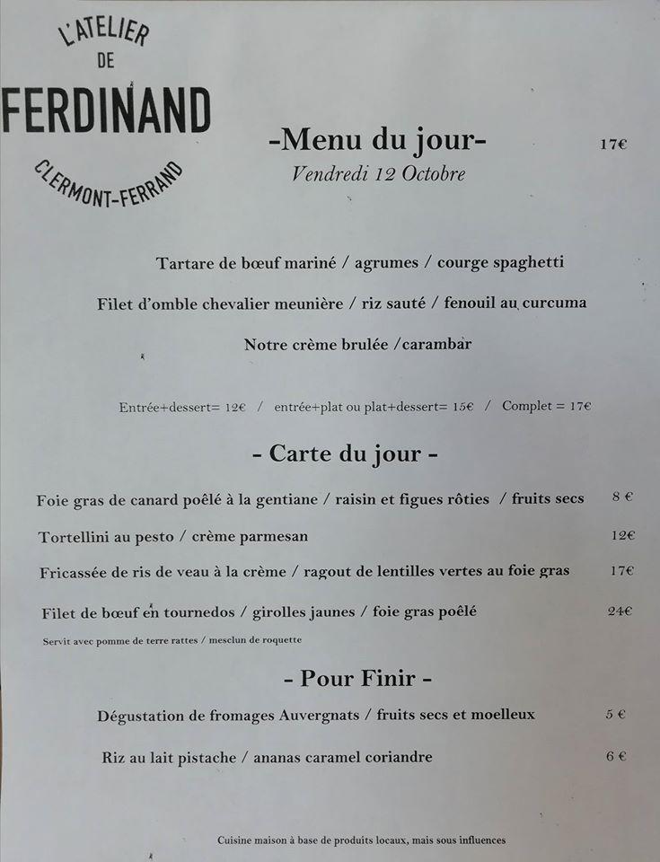 Menu at L'Atelier de Ferdinand restaurant, Clermont-Ferrand