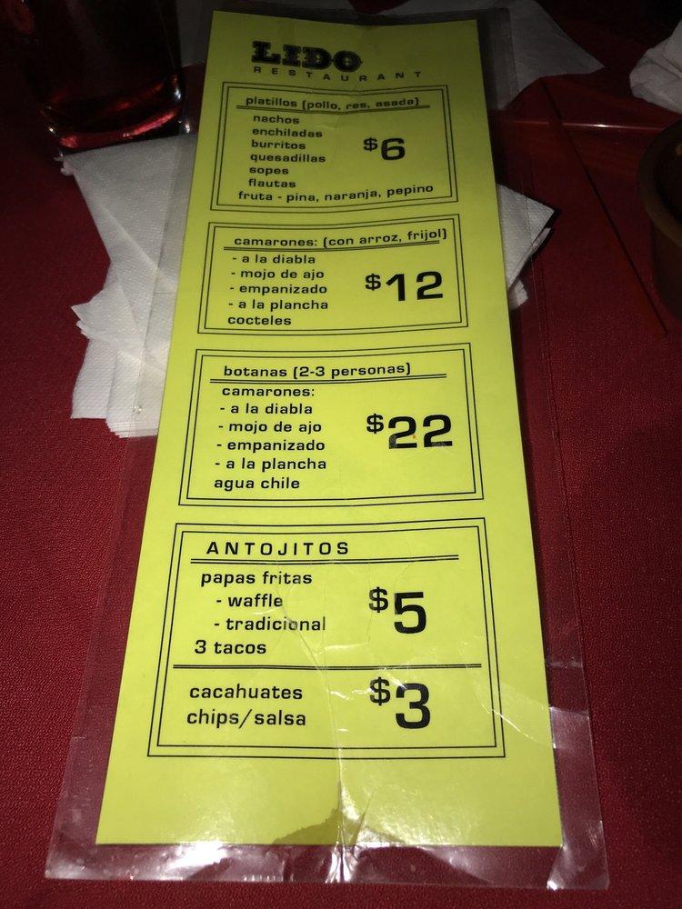 Menu at Lido club, South Gate