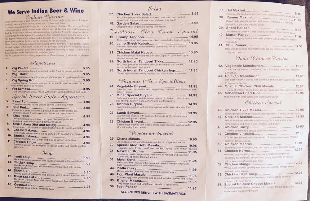 Menu at Minar Fine Indian Cuisine restaurant, New Hartford
