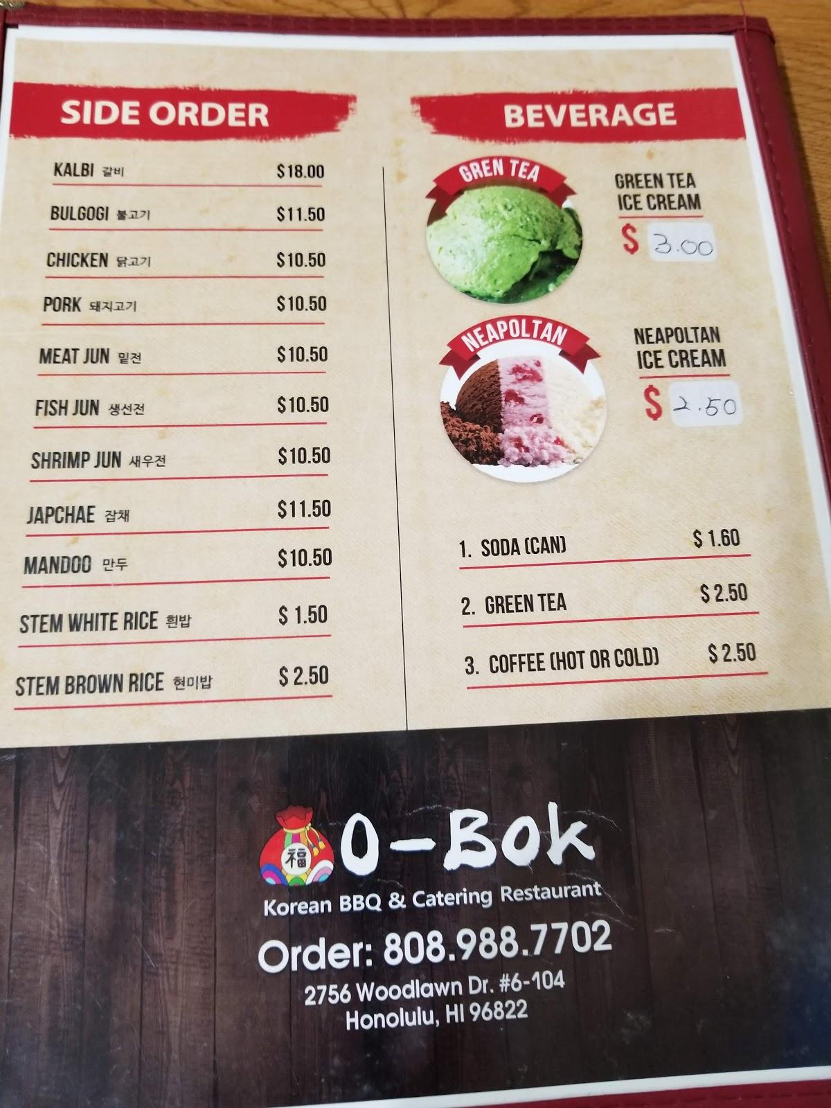 Menu at O-Bok korean Restaurant, Honolulu