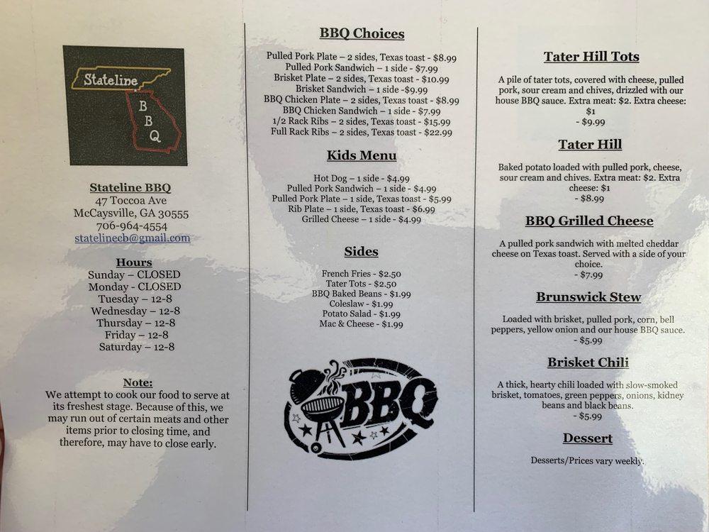 Menu at State Line BBQ, McCaysville