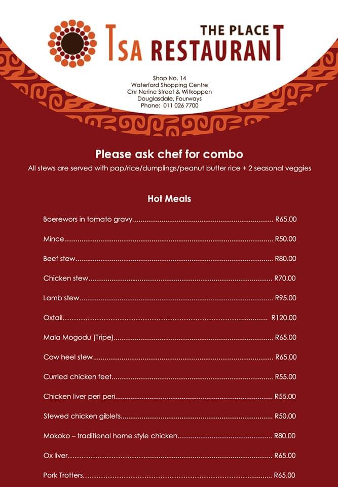 Menu at Tsa Douglasdale Fourways restaurant, Sandton