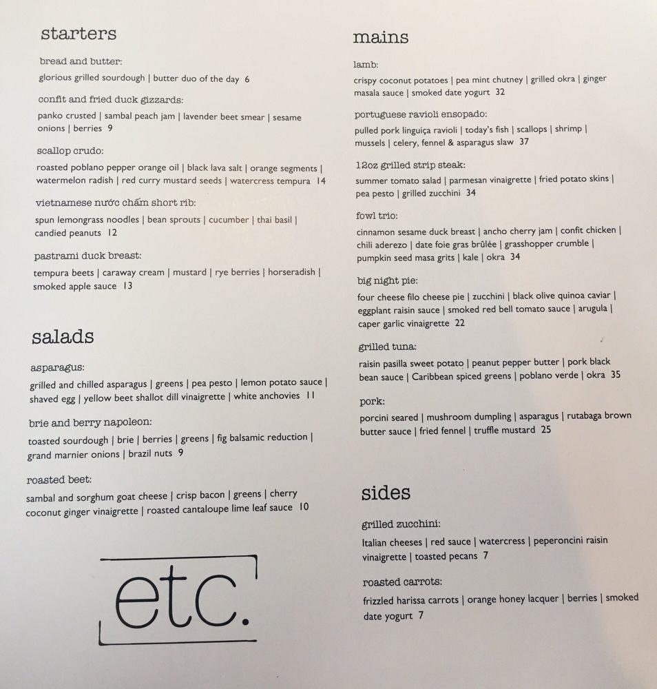 Menu at etc. restaurant, Nashville