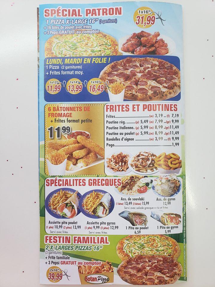 Menu au Botan Pizza restaurant, Montréal, Rue de Montigny
