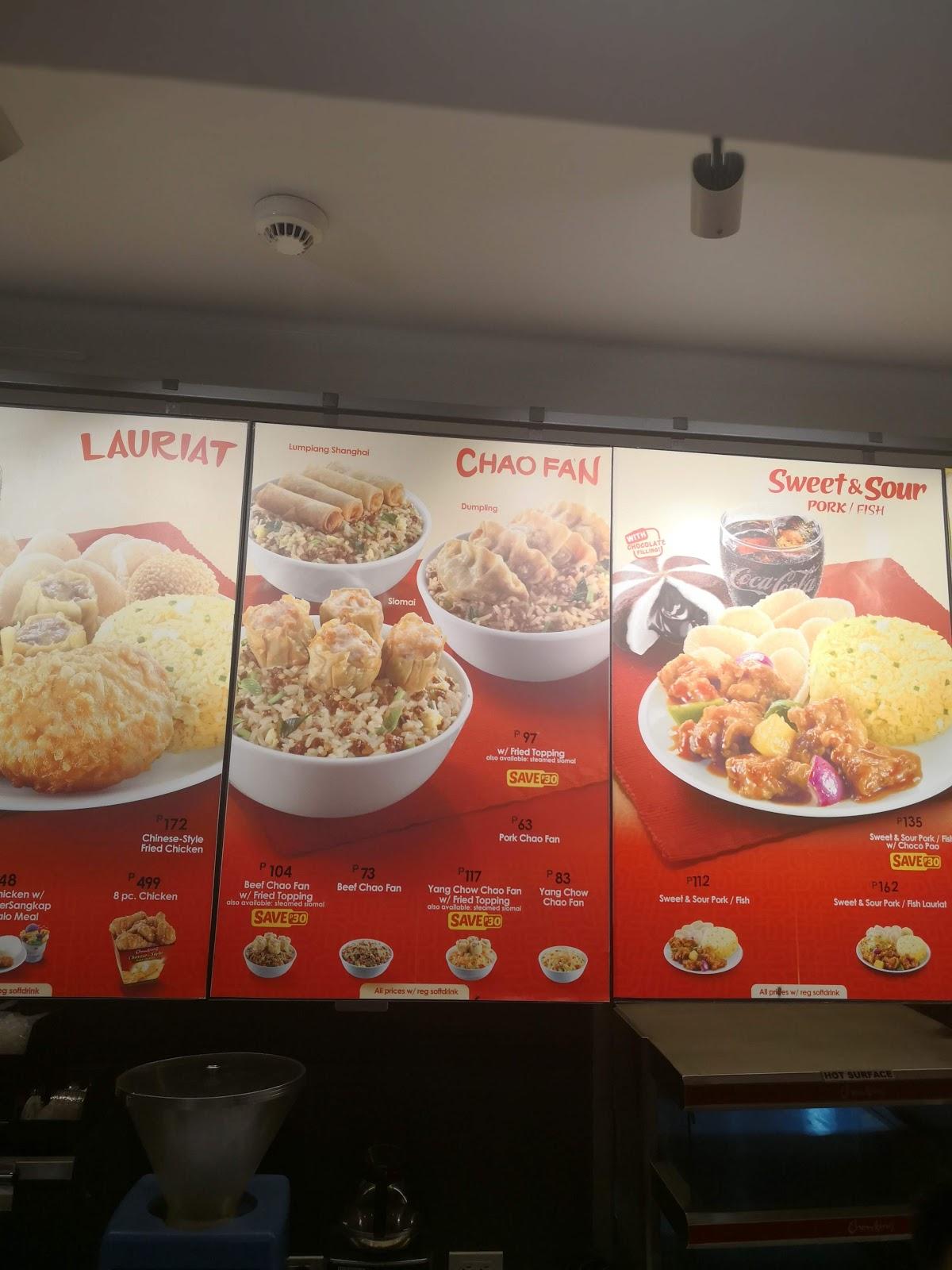 Menu at Chowking restaurant, Solano