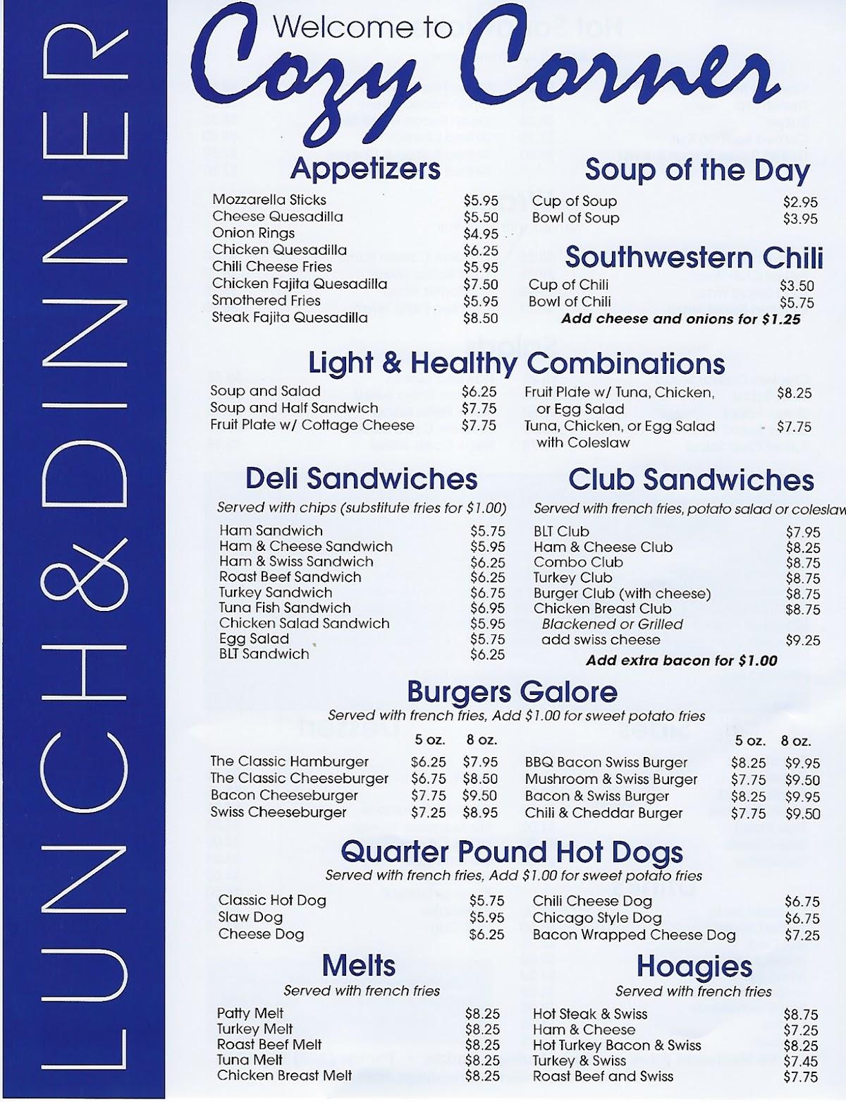 Menu at Cozy Corner restaurant, Miami Springs, 90 Westward Dr