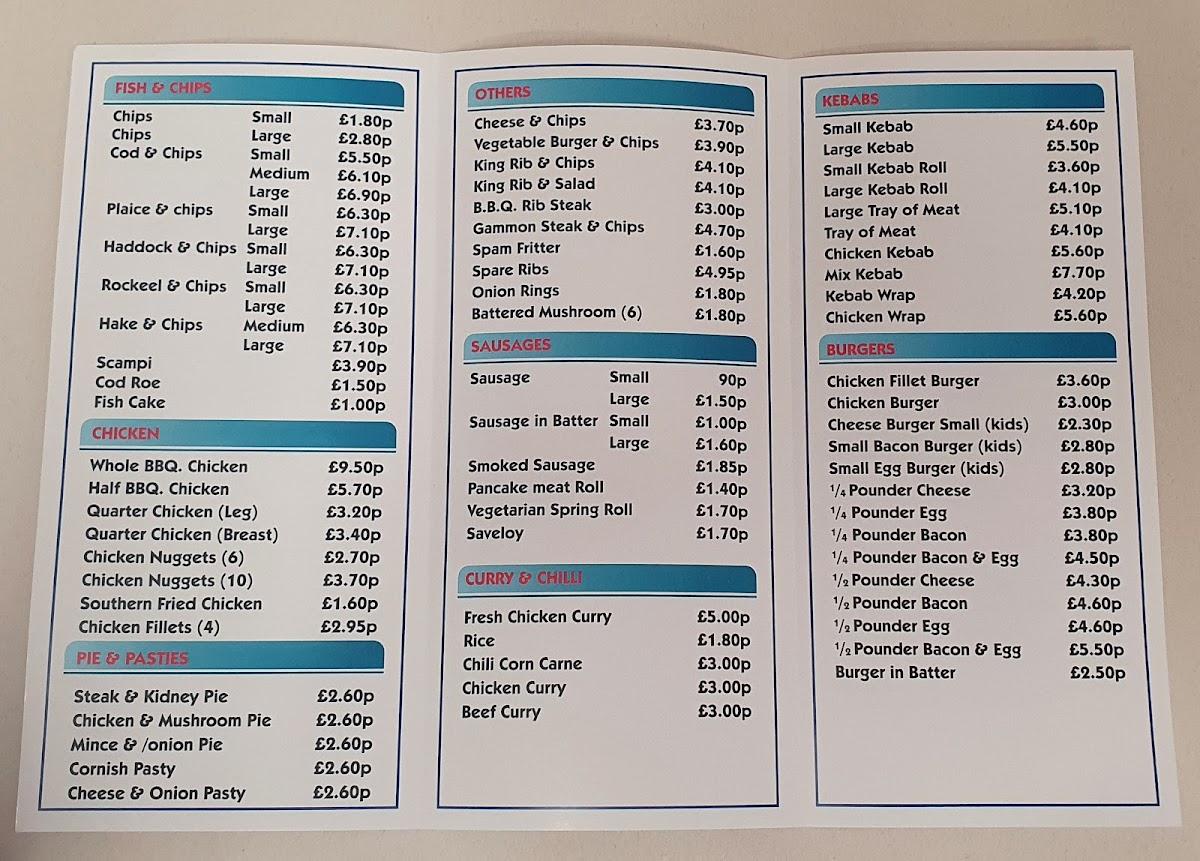 Menu at Madeira Fish Shop fast food, Bury, 37 Great Whyte