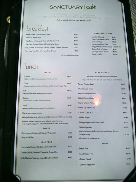 Menu at Cafe Sanctuary, Boca Raton