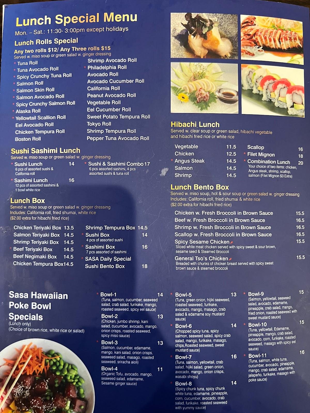Menu at Sasa restaurant, Farmingdale
