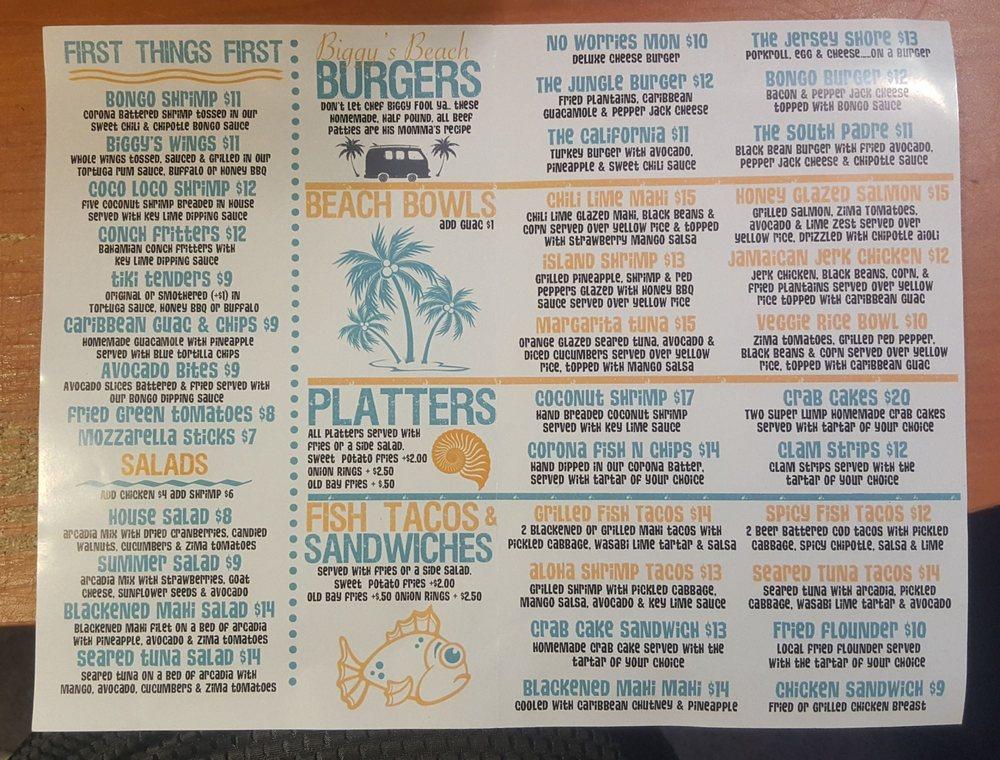 Menu at Biggy's Beach Grill restaurant, Beach Haven