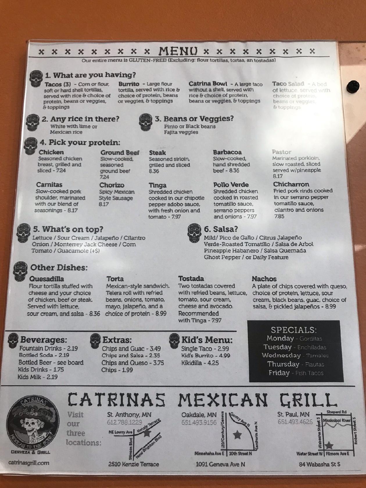 Menu at Catrinas Cerveza & Mexican Grill restaurant, Oakdale, Geneva Ave N