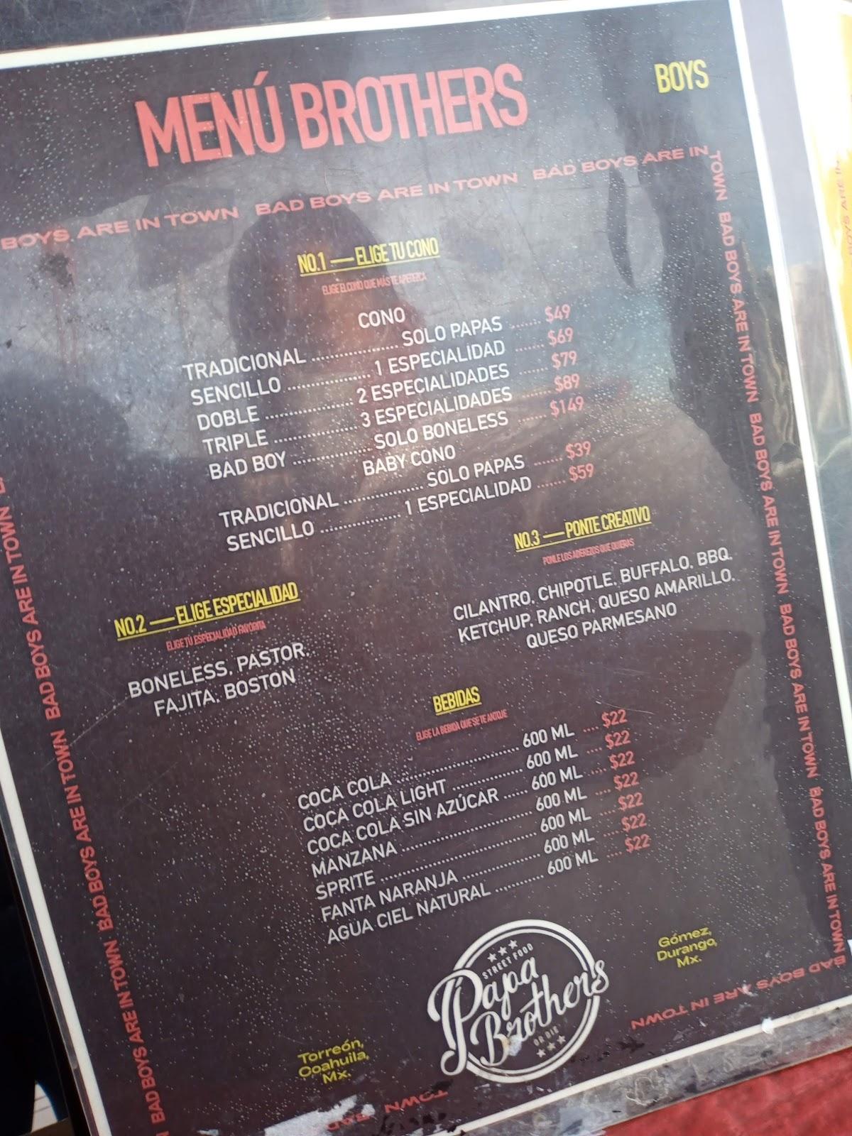 Carta del restaurante Papa Brothers Miguel Alemán, Gómez Palacio