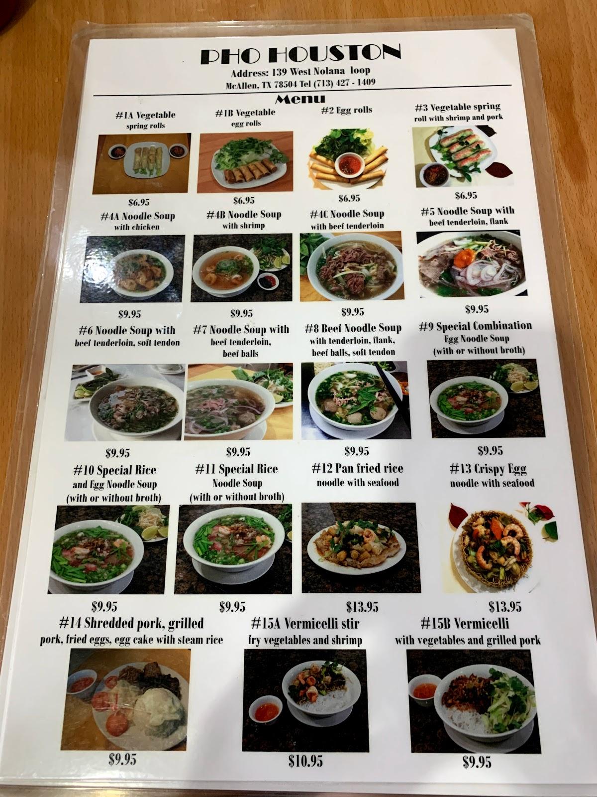 Menu at Phở Houston restaurant, McAllen