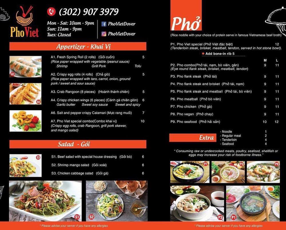 Menu at Pho Viet restaurant, Dover