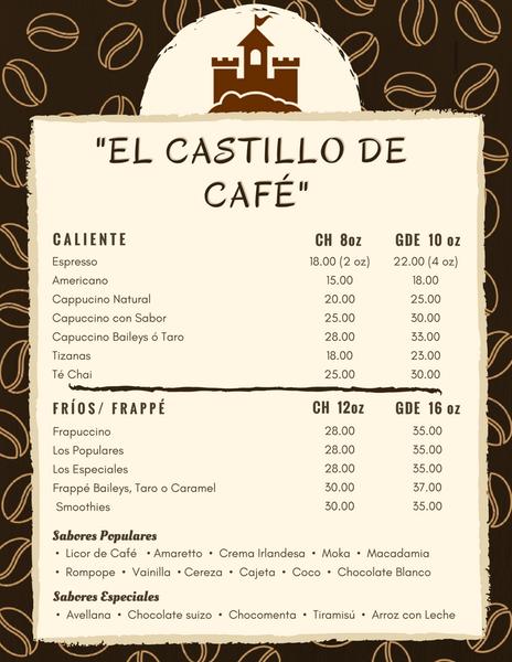 Menu at El Castillo de Café, Mexico City