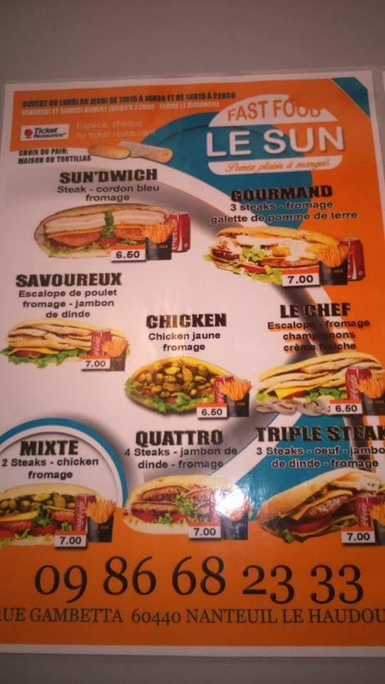 Carta de Fast food Le SUN • Prenez plaisir à manger !, Nanteuil-le-Haudouin