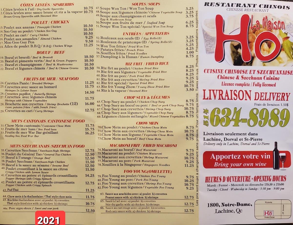 Menu at La Maison Ho restaurant, Montréal, Rue Notre Dame