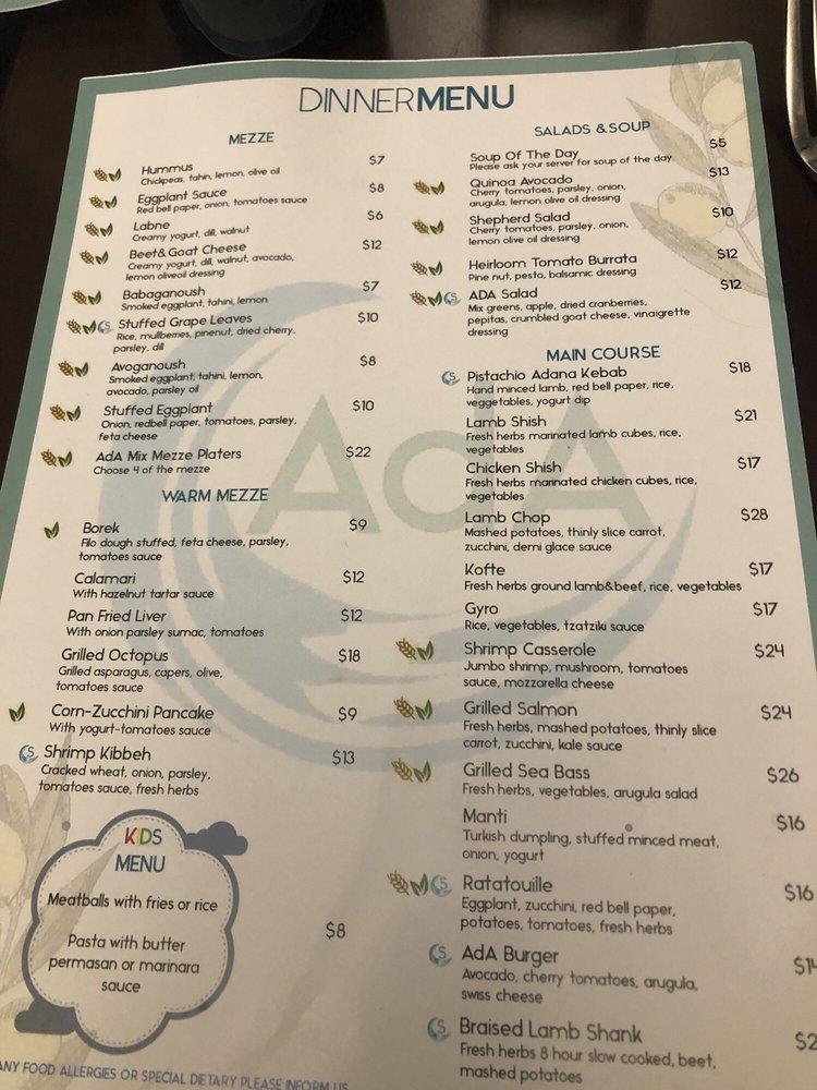 Menu at AdA Mediterranean Brasserie restaurant, Fair Lawn
