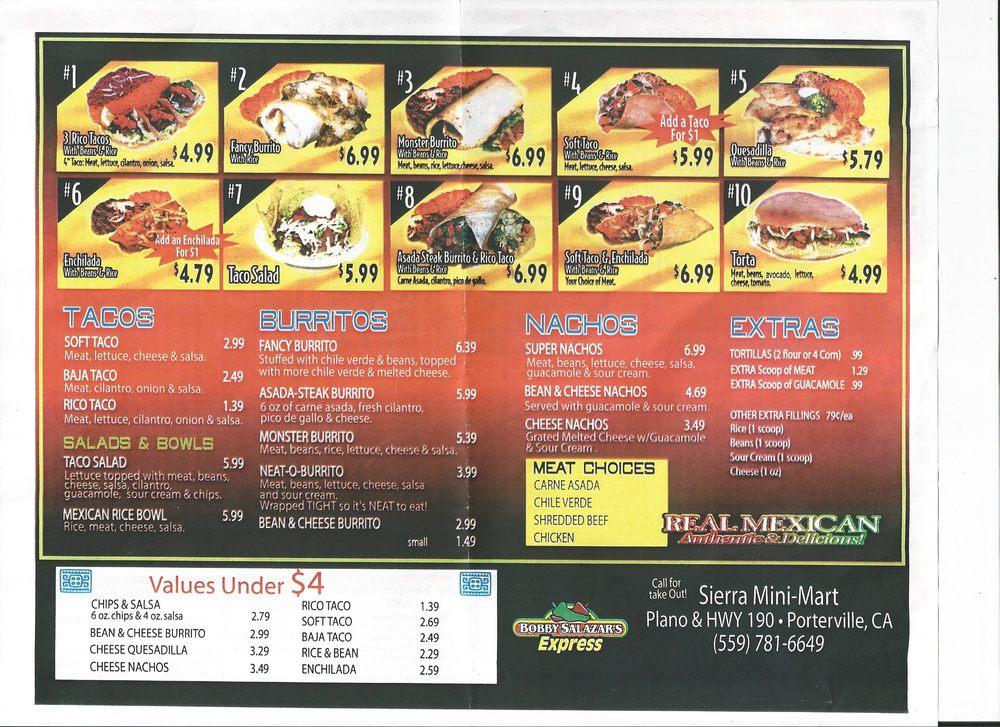 Menu at Bobby Salazar's Express restaurant, Porterville