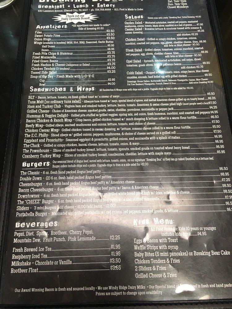 Menu at Breaking Bread Co. restaurant, Ellwood City