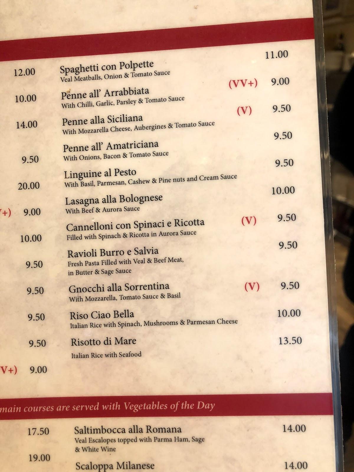 Menu at Ciao Bella pub & bar, London, 86-90 Lamb's Conduit St