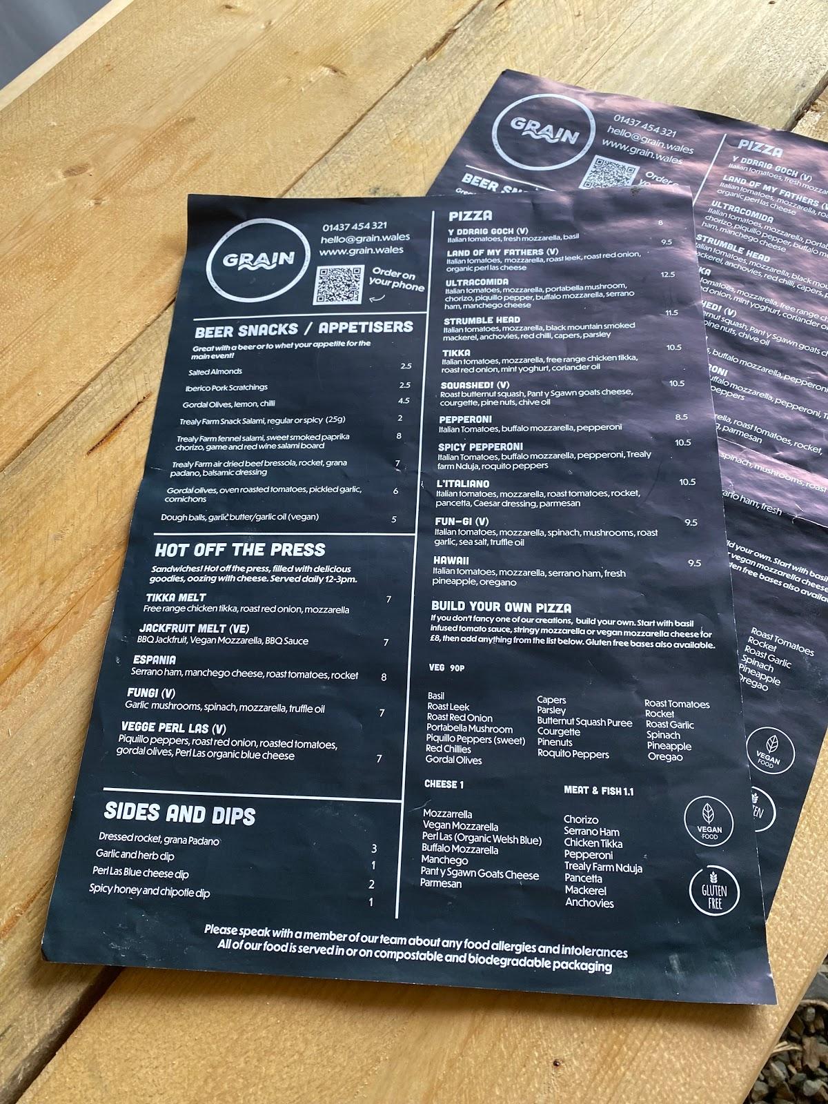 Menu at GRAIN restaurant, Saint Davids