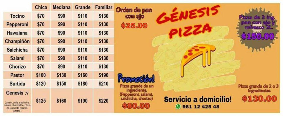 Menu at Génesis Pizza, Campeche