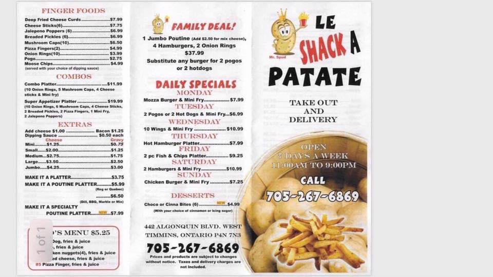 Carta del restaurante Le Shack A Patate, Timmins