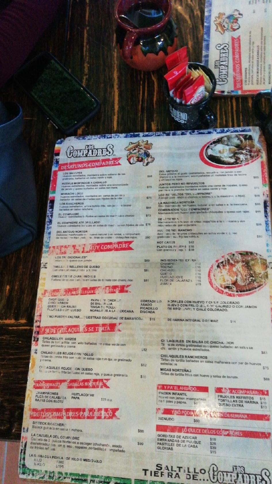 Menu at Los Compadres restaurant, Saltillo, Perif. Luis Echeverría 268