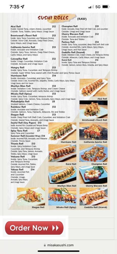 Menu at Misaka Sushi restaurant, Brentwood