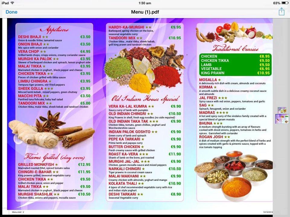 Menu at Old Indian House restaurant, Letterkenny