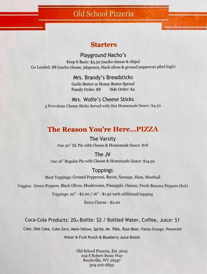 Menu at Old School Pizzeria, Reedsville