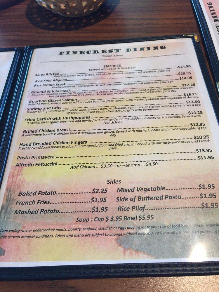 Menu at Pinecrest Dining Room restaurant, Guntersville