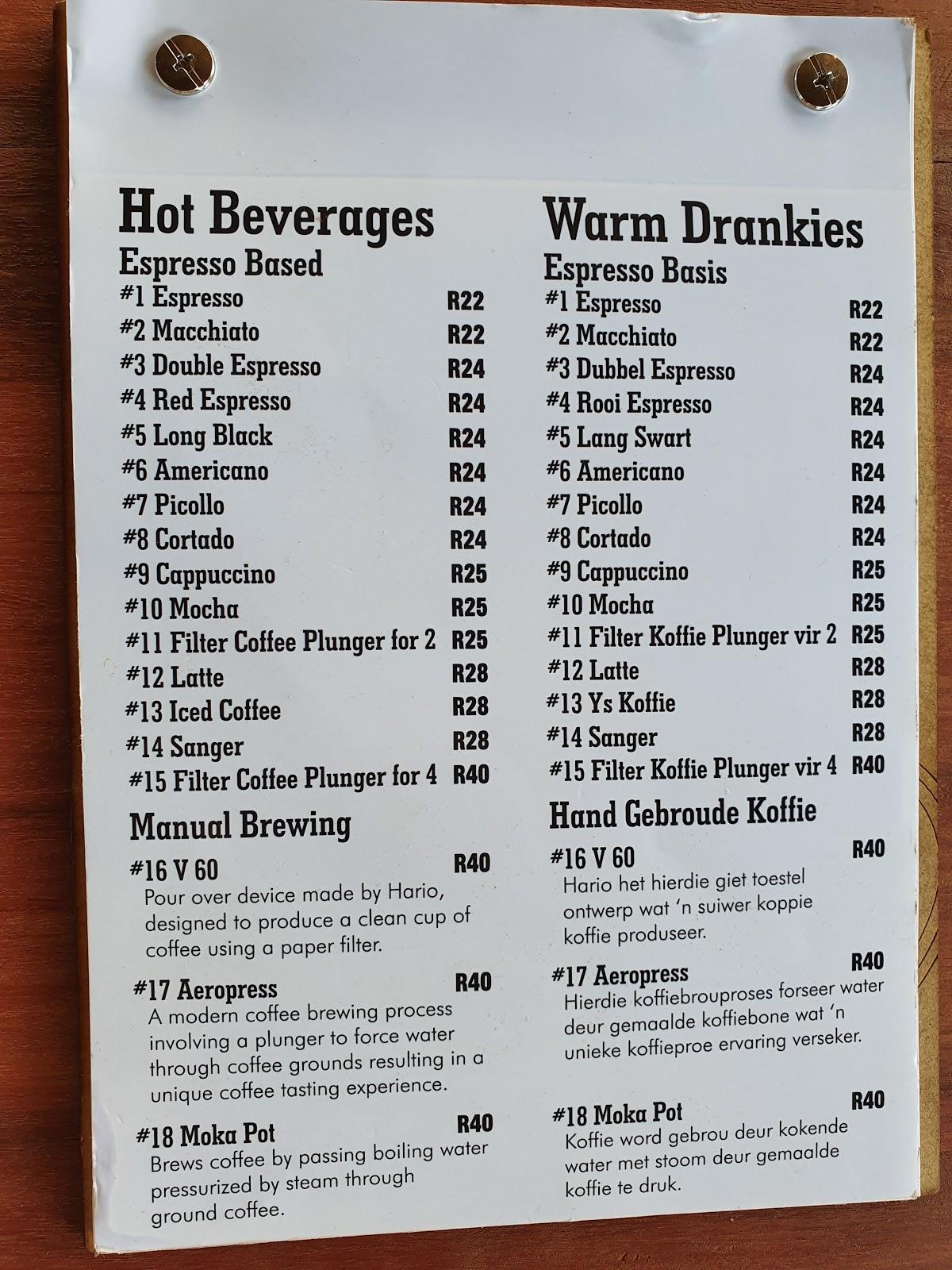 Menu at Stook Koffie Roostery restaurant, Rustenburg