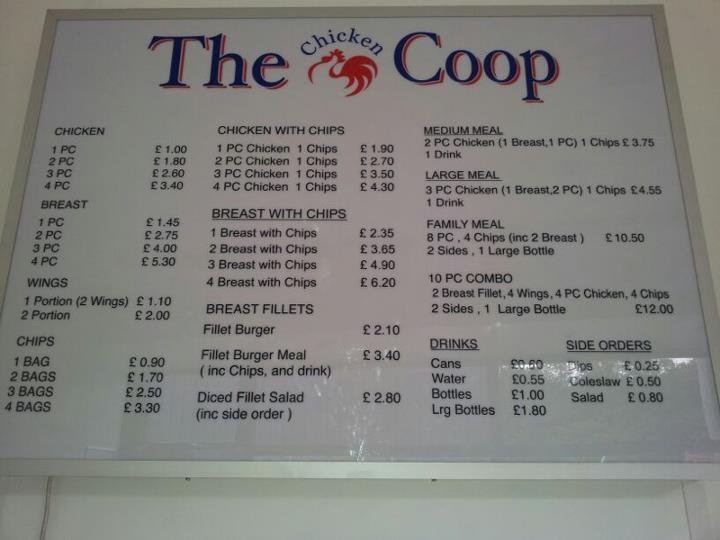 Menu at The Chicken Coop fast food, Brighouse