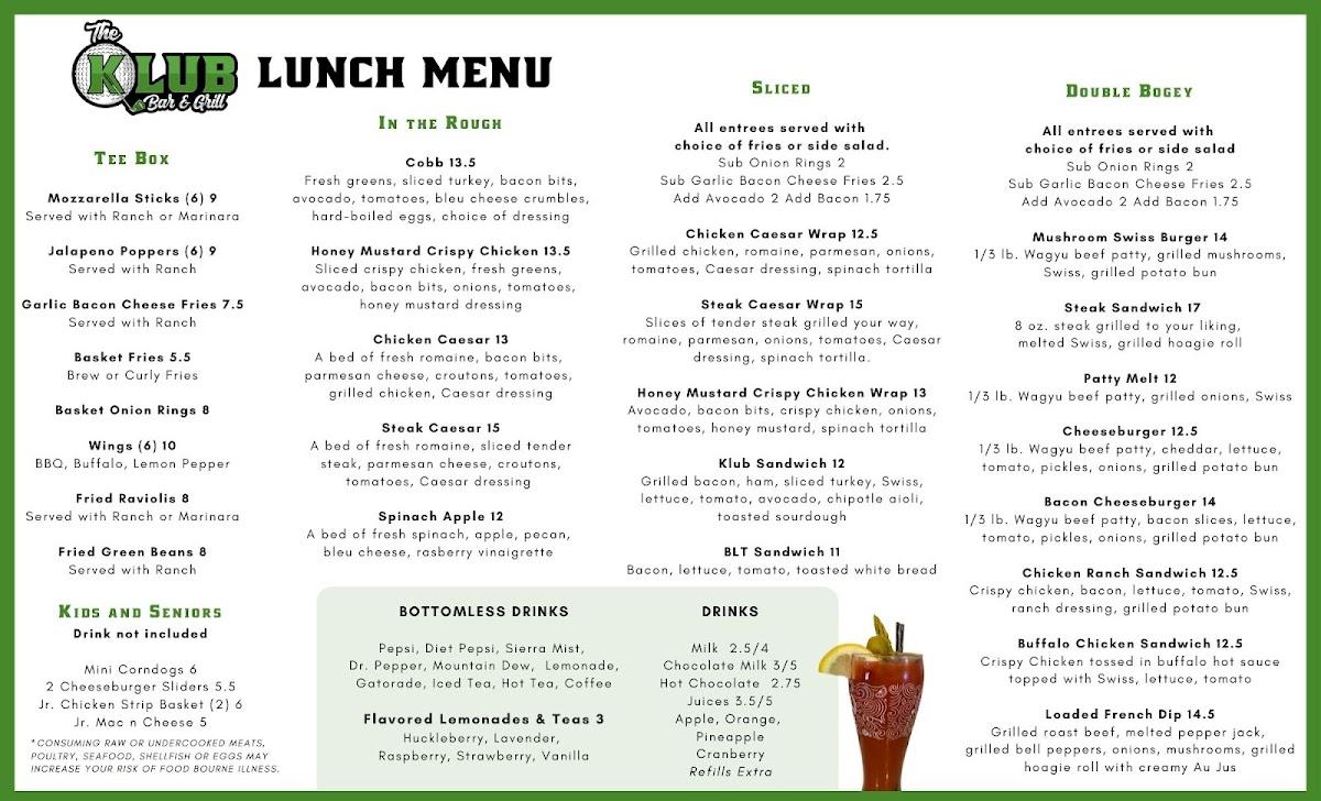 Menu at The Klub Bar & Grill, Spring Creek