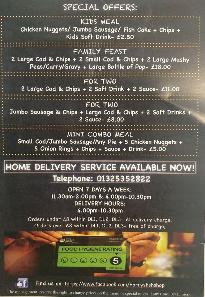 Menu at Harry's Fish & Chip Shop restaurant, Darlington