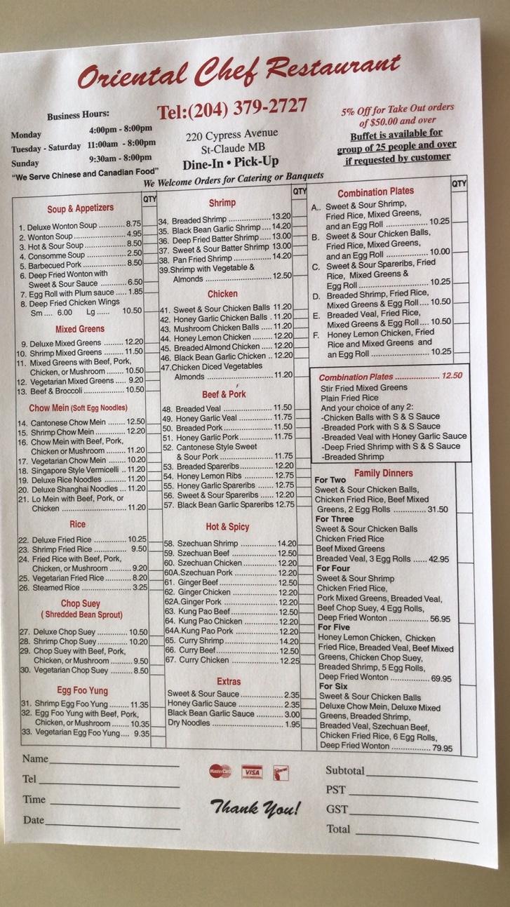 Menu at Oriental Chef restaurant, Saint Claude