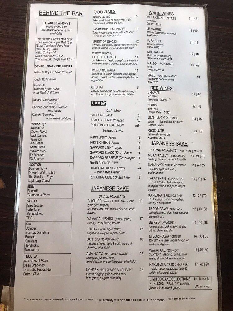 Menu at Shinjuku Station restaurant, Fort Worth