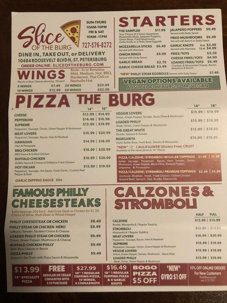 Menu at Slice of The Burg pizzeria, Saint Petersburg