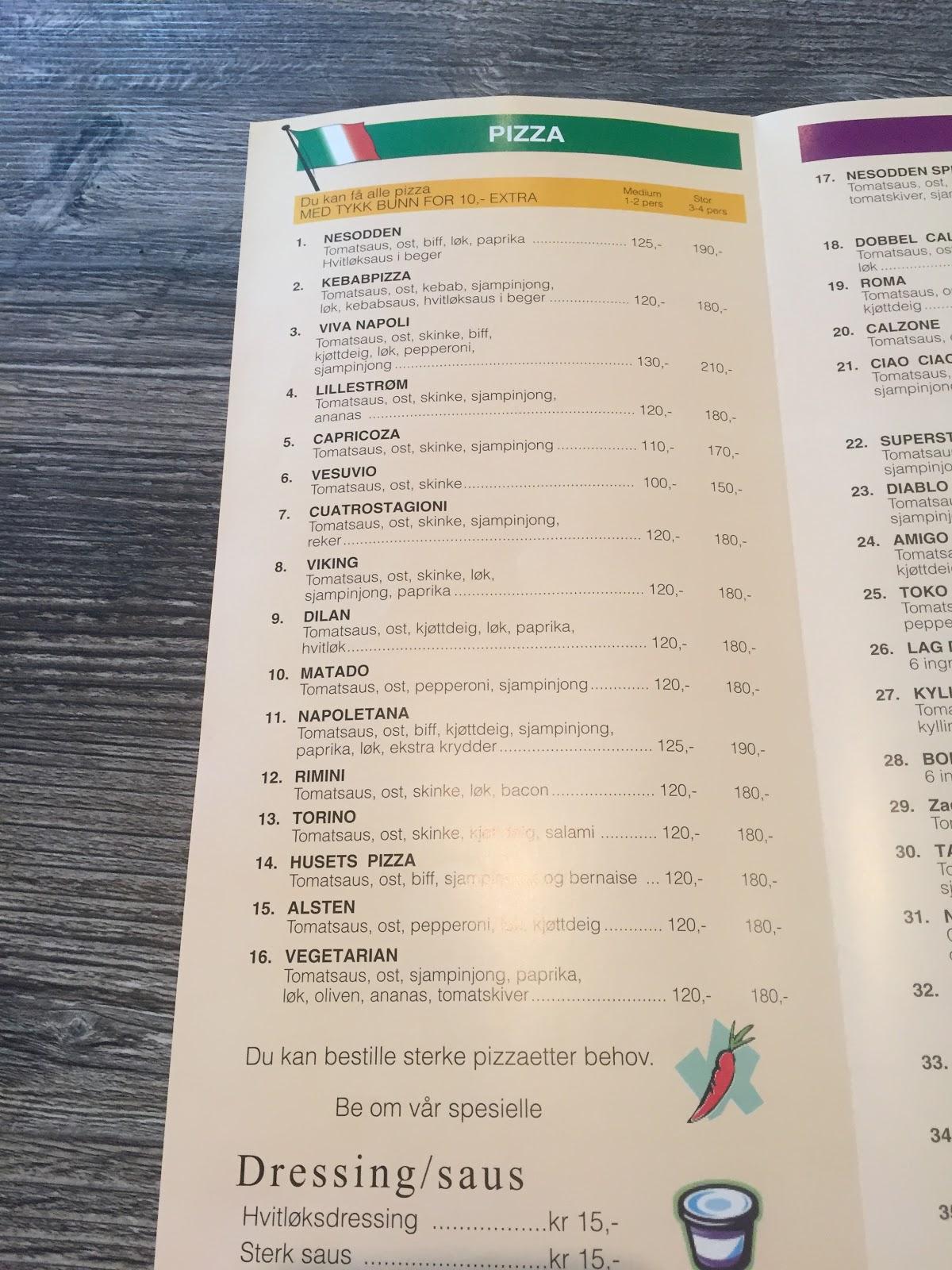 Menu at Viva Napoli Pizzeria, Nesoddtangen