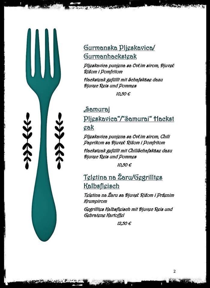 Menu at Balkan Haus restaurant, Frankfurt, Mainzer Landstraße 430